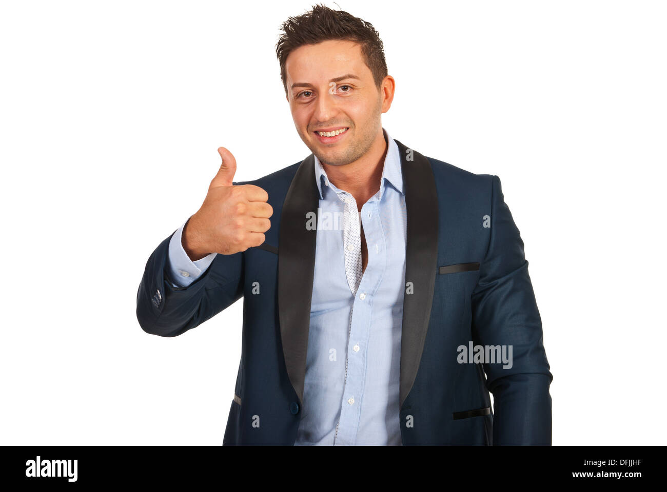 Successful business man giving thumb up isolated on white background ...