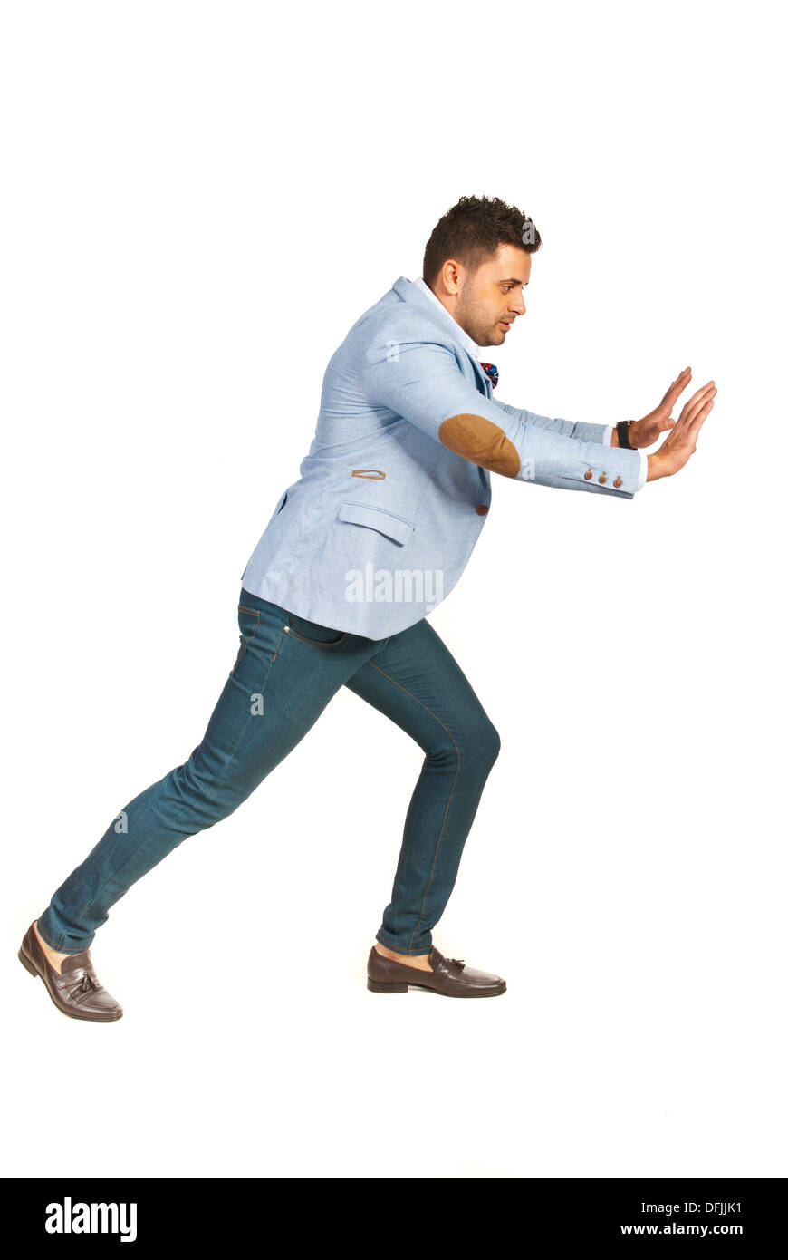 Business man pushing something on copy space isolated on white ...