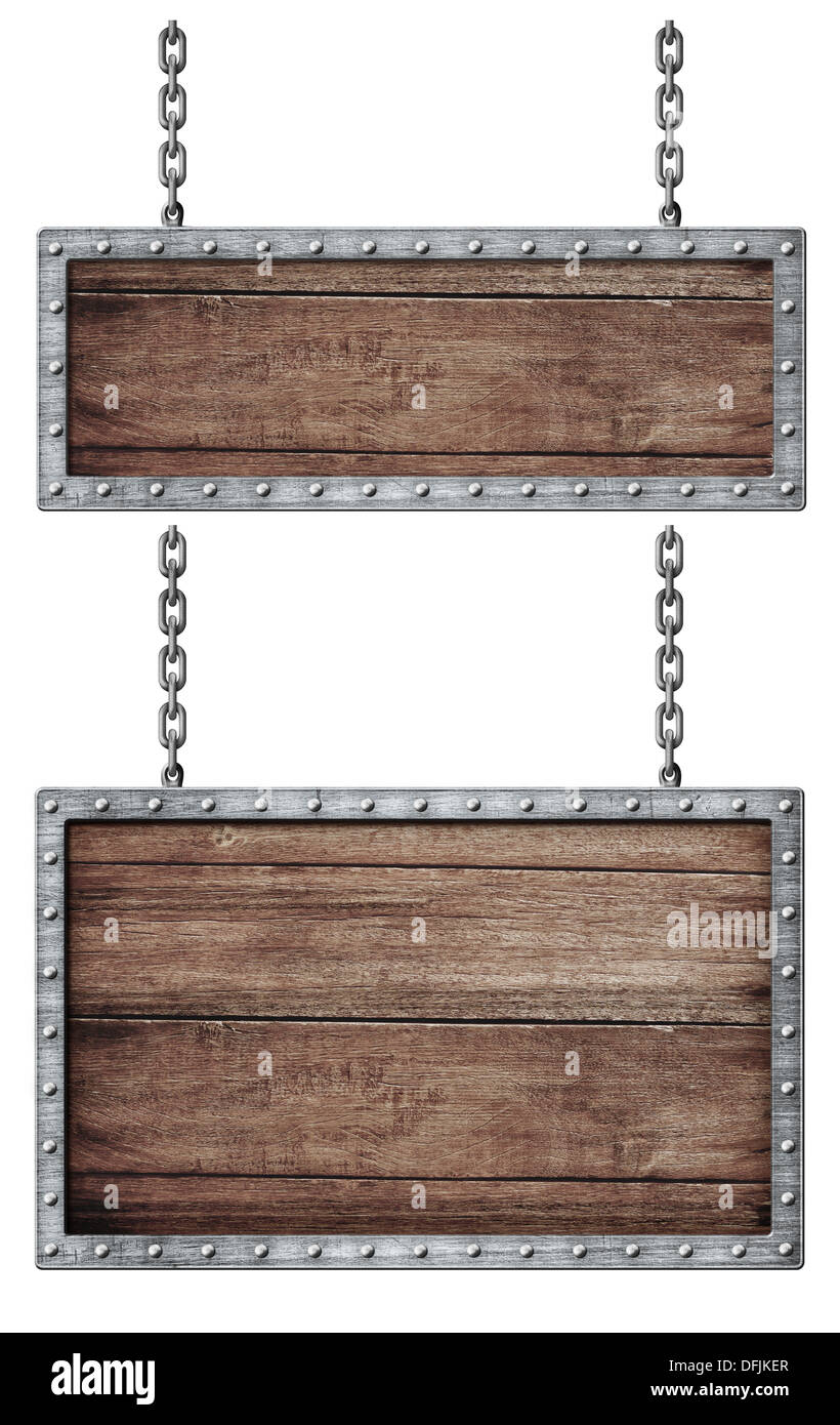 medieval signboards set with chains isolated on white Stock Photo - Alamy