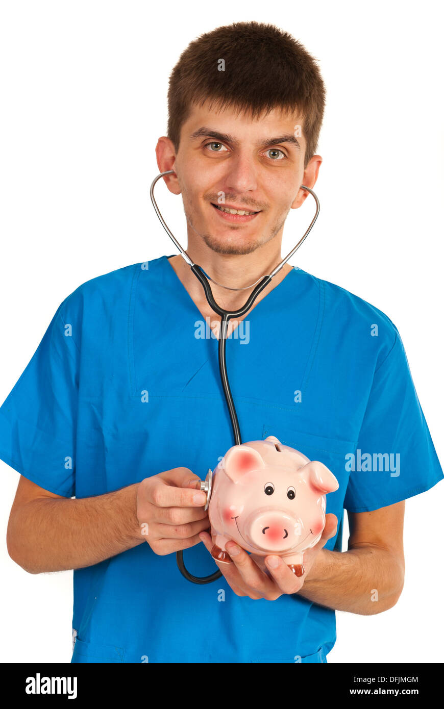 Doctor male examine piggy bank isolated on white background Stock Photo ...
