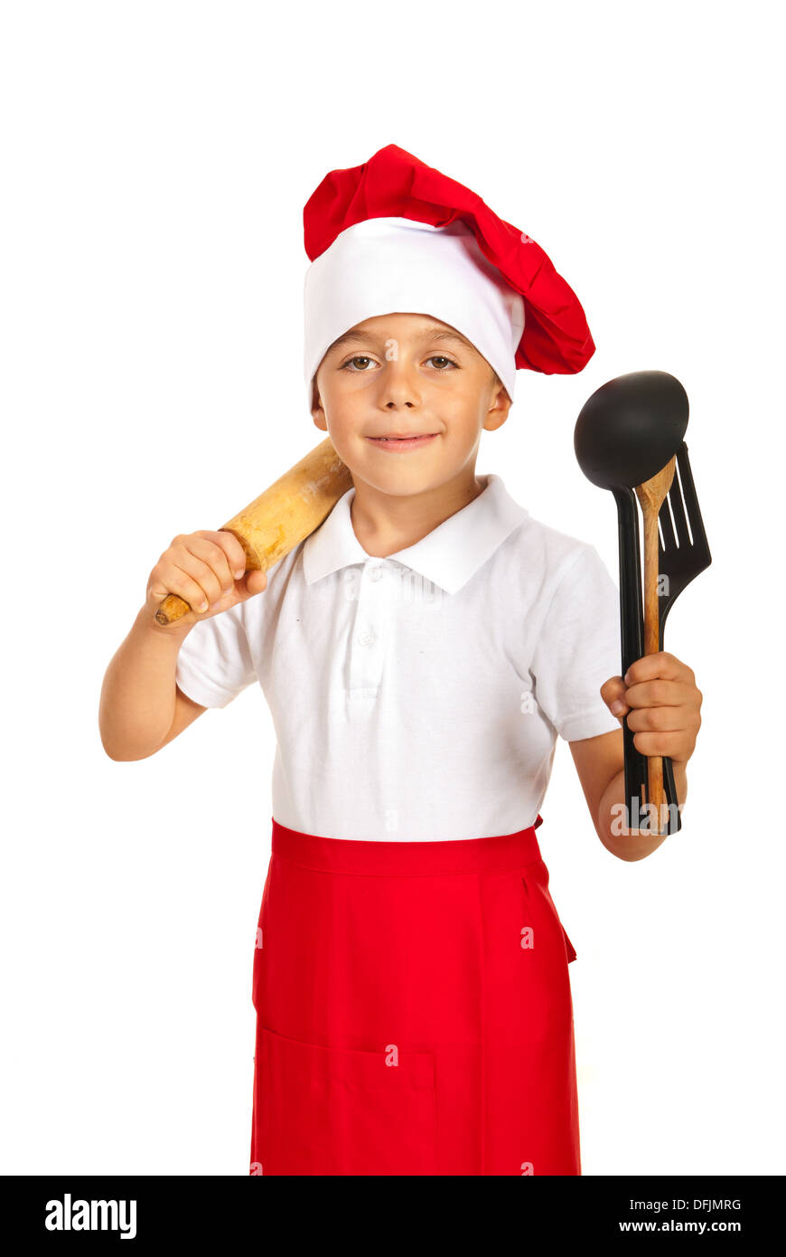 Chef boy holding rolling pin on shoulder and kitchen utensils isolated ...