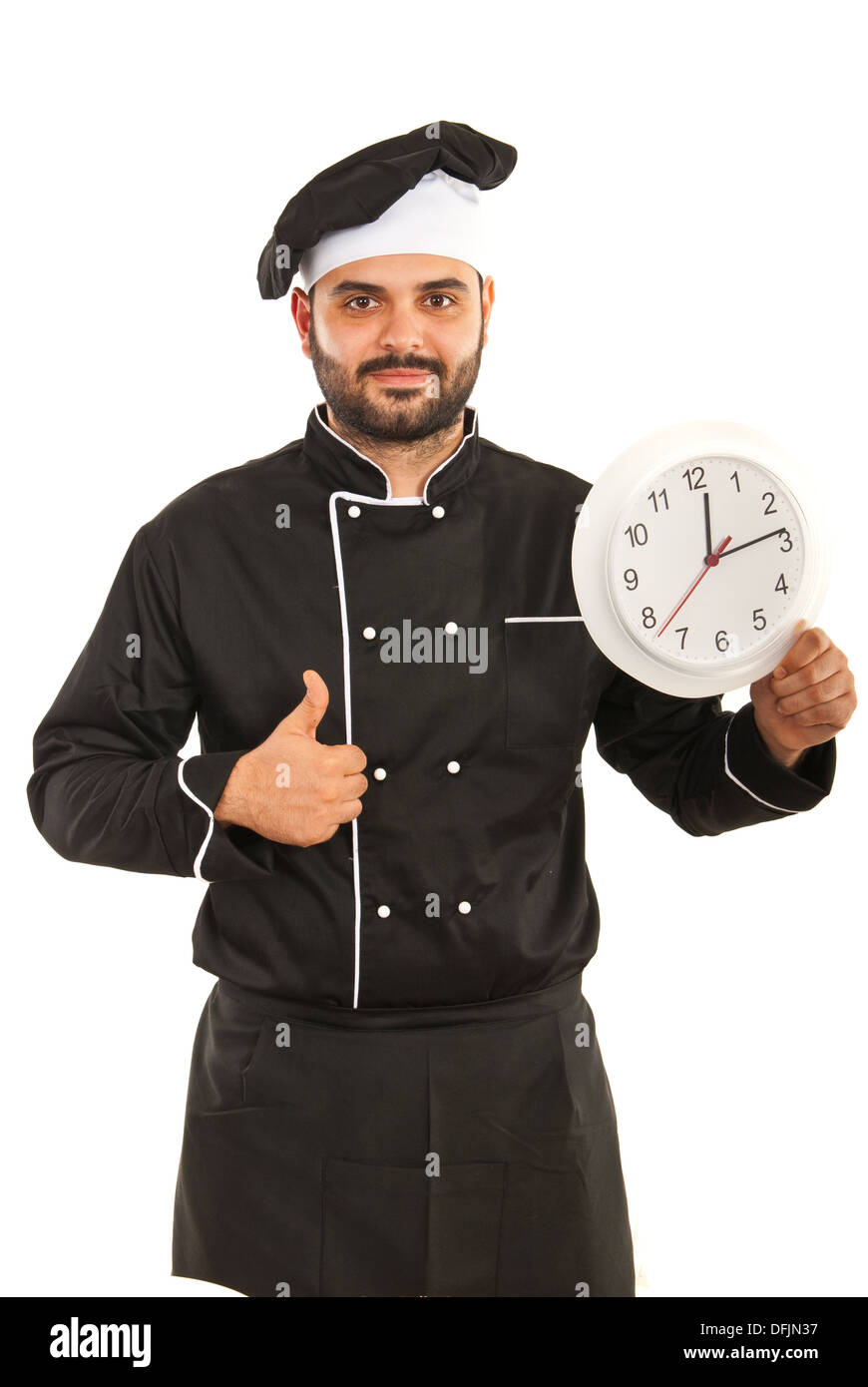 Chef man holding a big clock and giving thumb up isolated on white ...