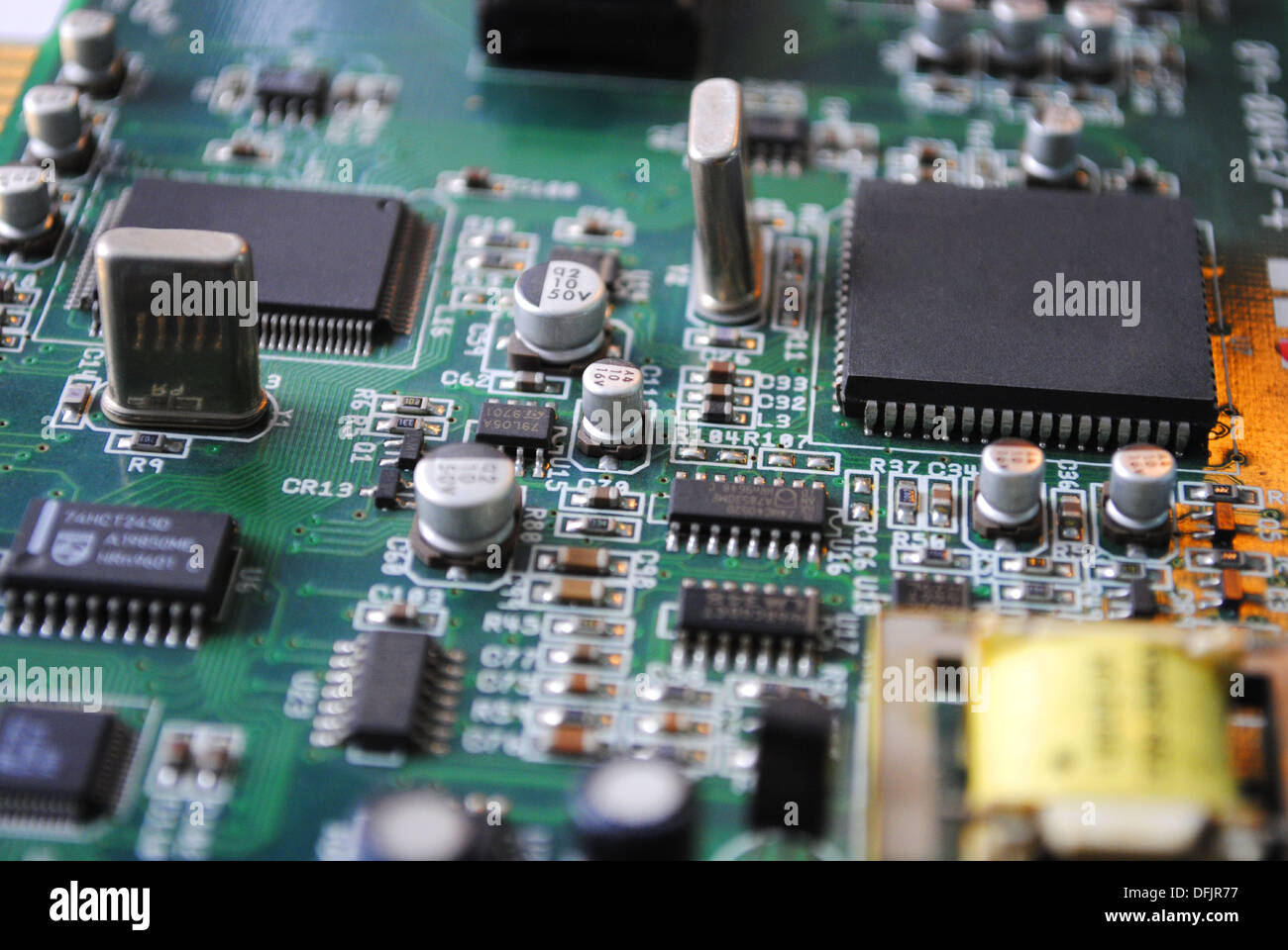 The computer electronic card with chips, microprocessors, transistors ...