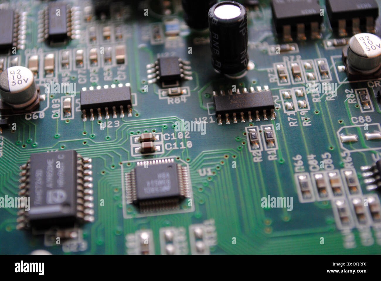 The computer electronic card with chips, microprocessors, transistors ...