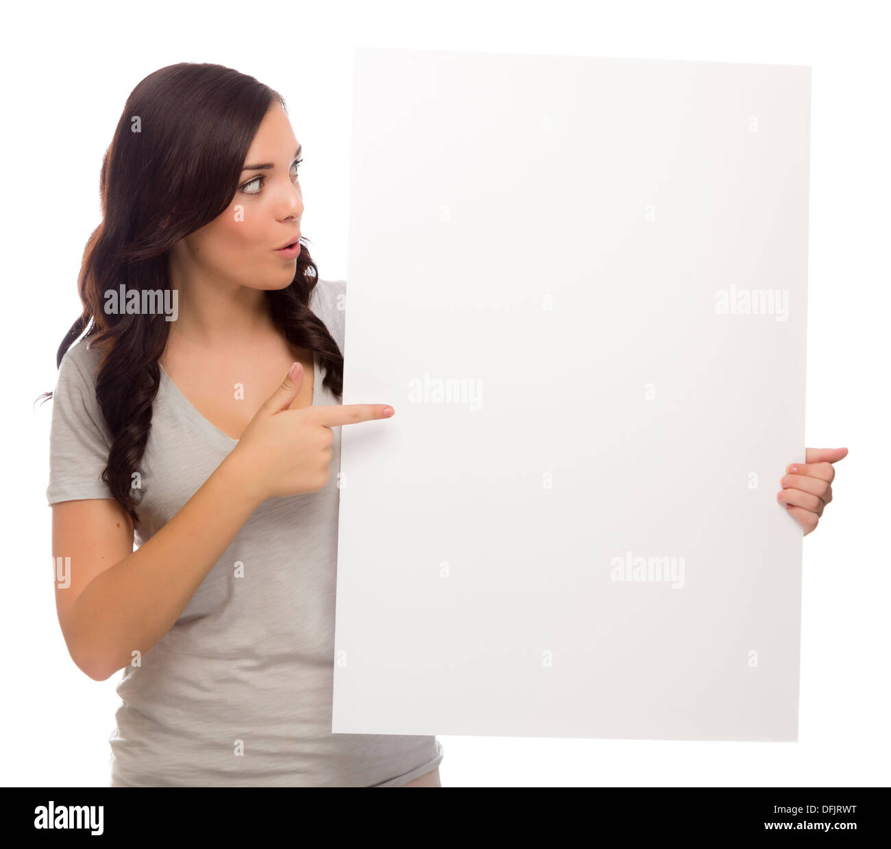 Beautiful Mixed Race Female Holding and Pointing Blank Sign Isolated on ...