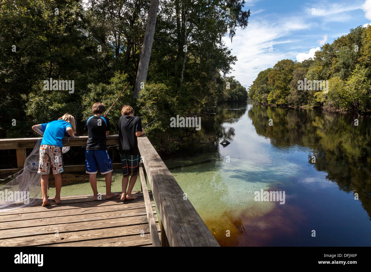 Three young boys fishing from dock where crystal clear spring water ...