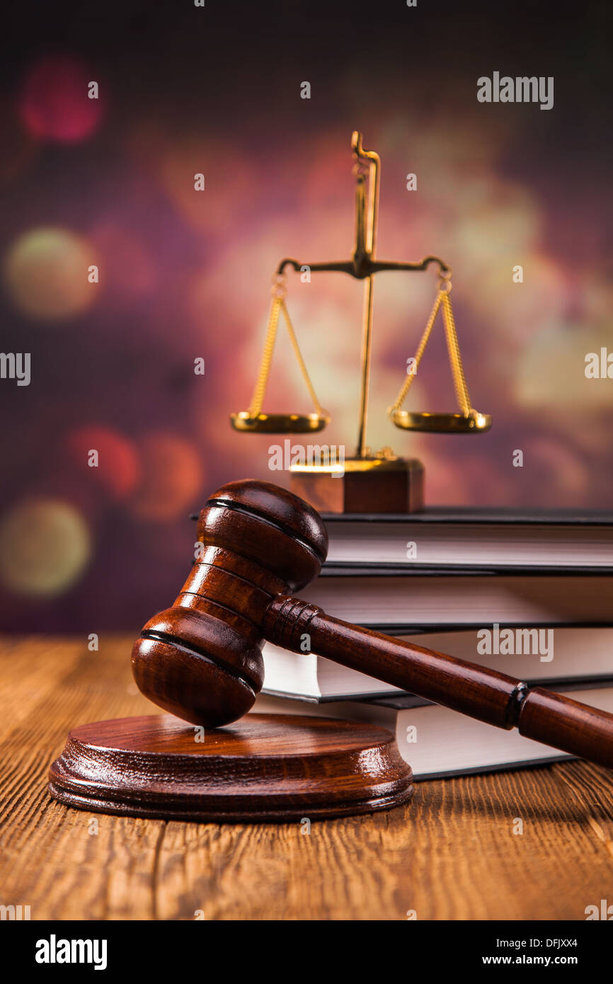 Mallet, legal code and scales of justice. Law concept, studio shots ...