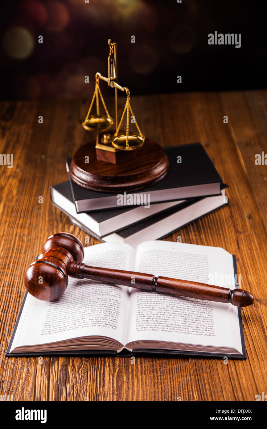 Mallet, legal code and scales of justice. Law concept, studio shots ...
