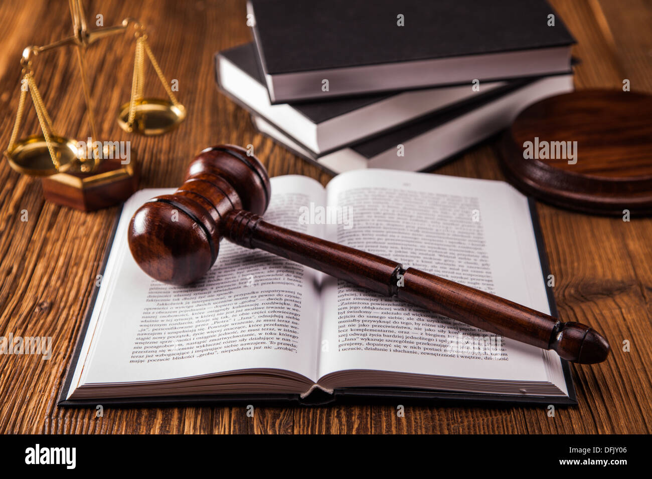 Mallet, legal code and scales of justice. Law concept, studio shots ...