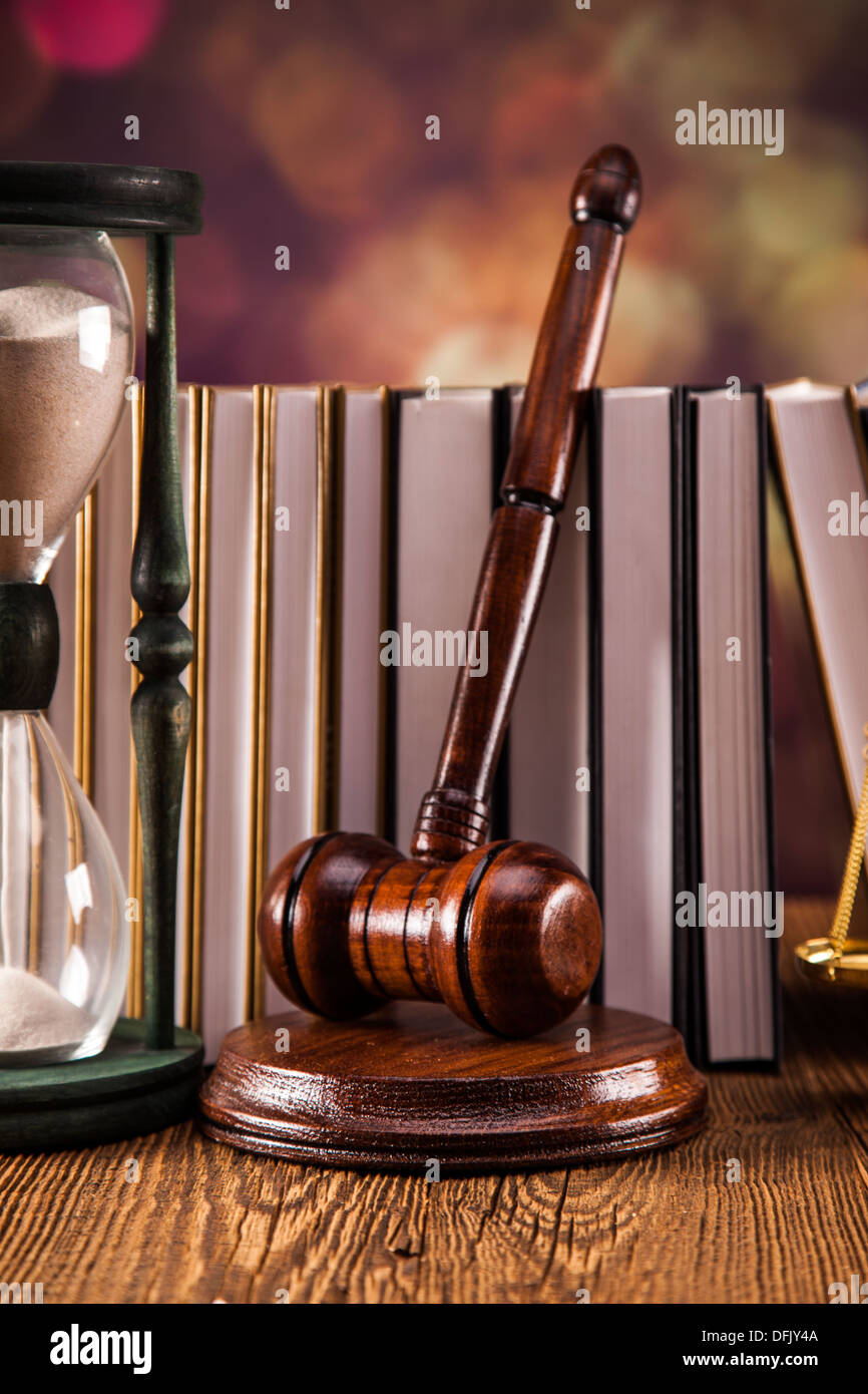 Mallet, legal code and scales of justice. Law concept, studio shots ...