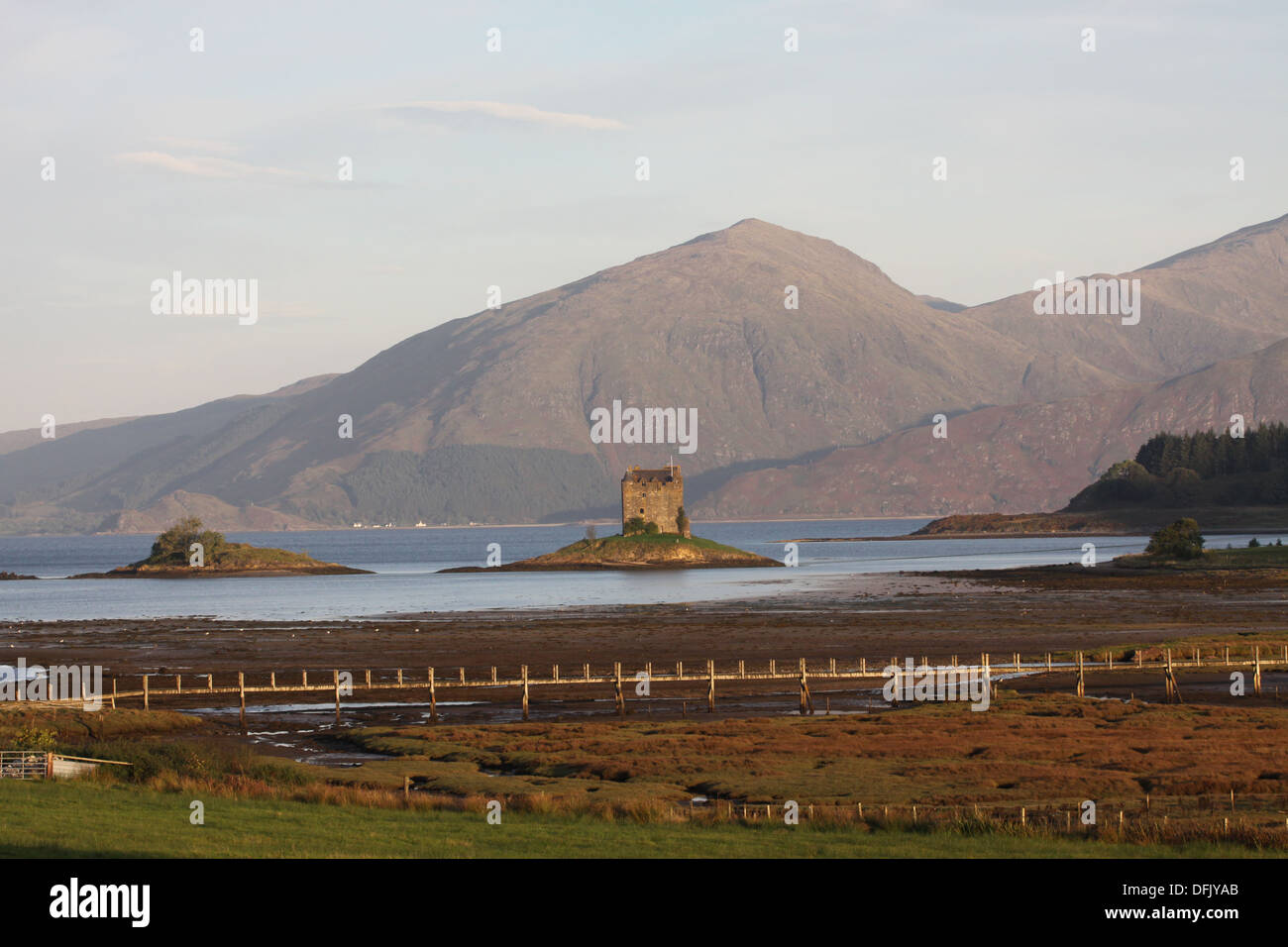 Jubilee bridge Castle Stalker and Morvern mountains Scotland October ...