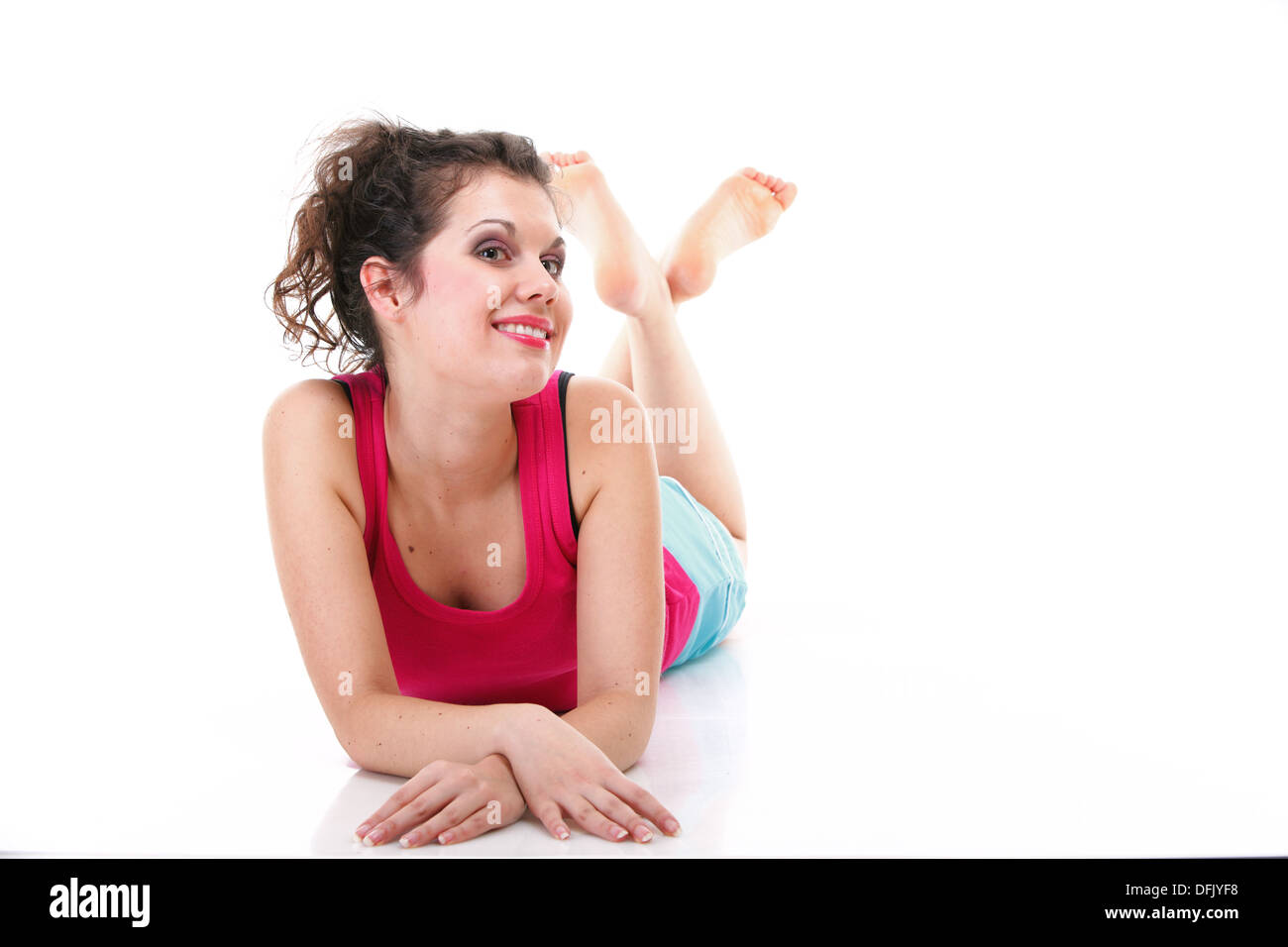Fitness sporty happy woman after workout gym full length isolated on ...