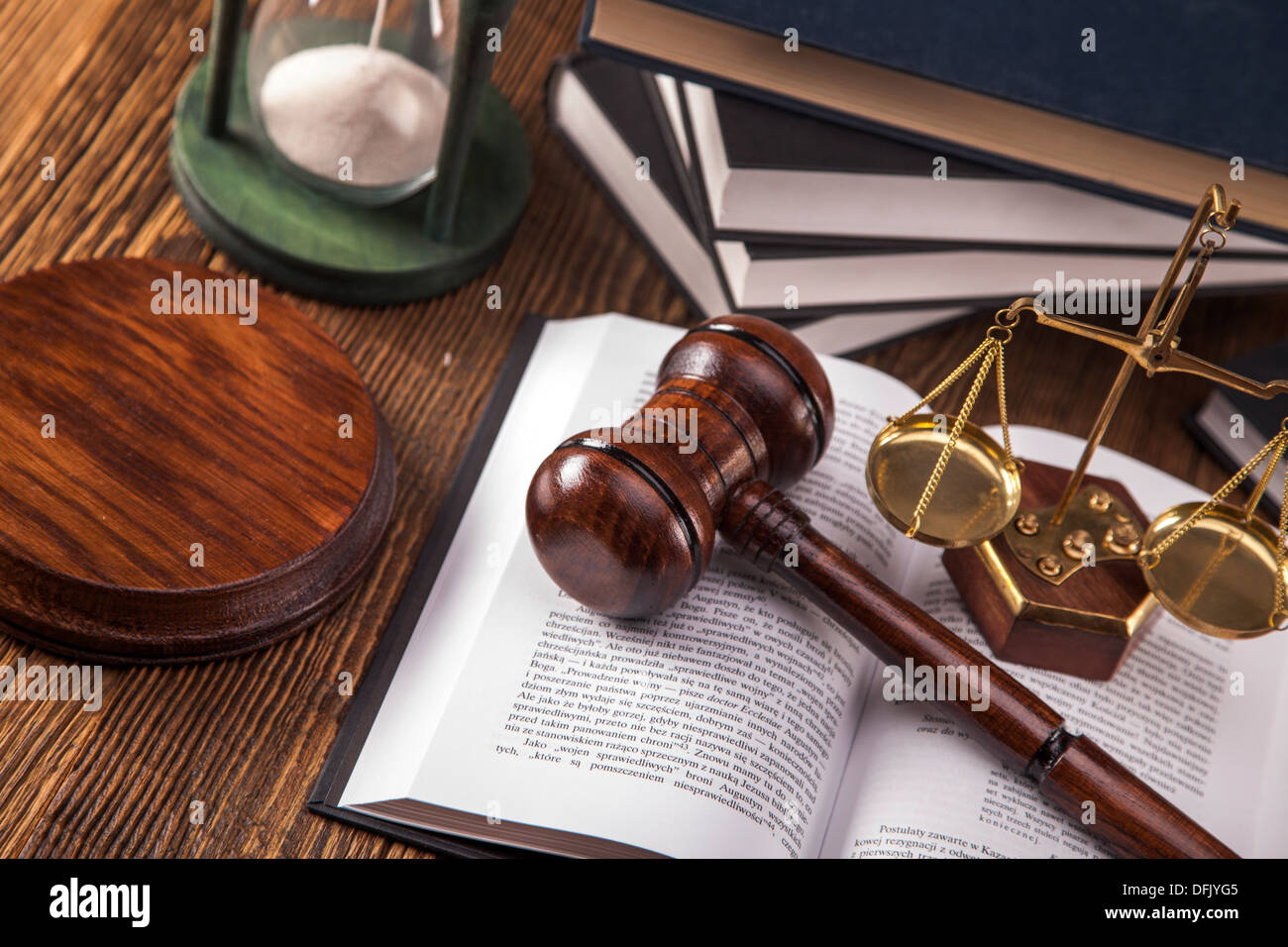 Mallet, legal code and scales of justice. Law concept, studio shots ...