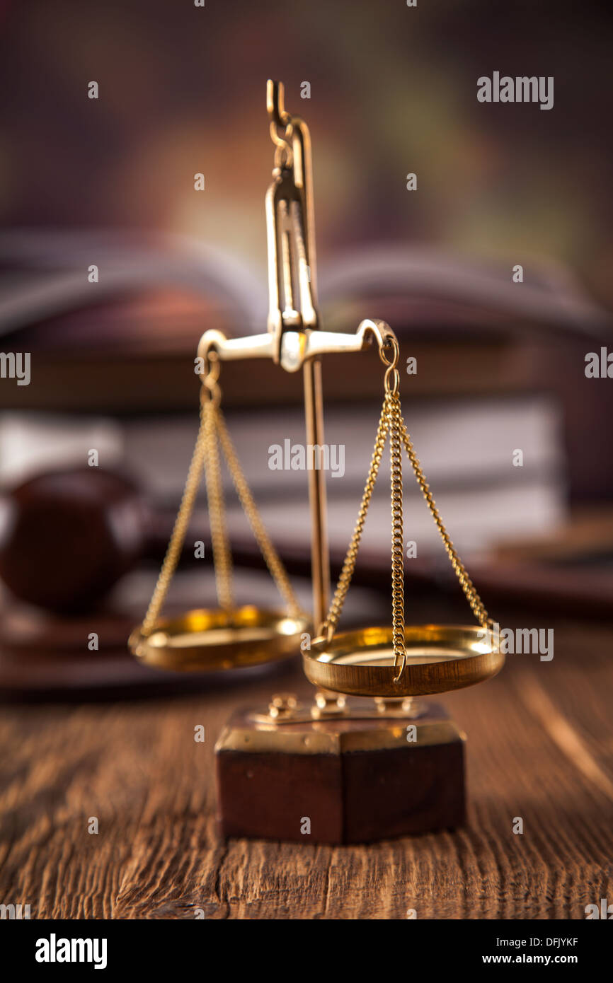 Mallet, legal code and scales of justice. Law concept, studio shots ...