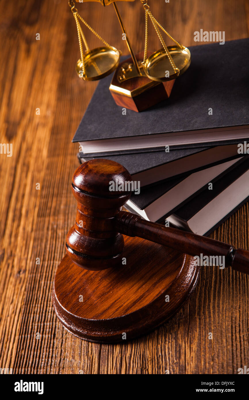 Mallet, legal code and scales of justice. Law concept, studio shots ...