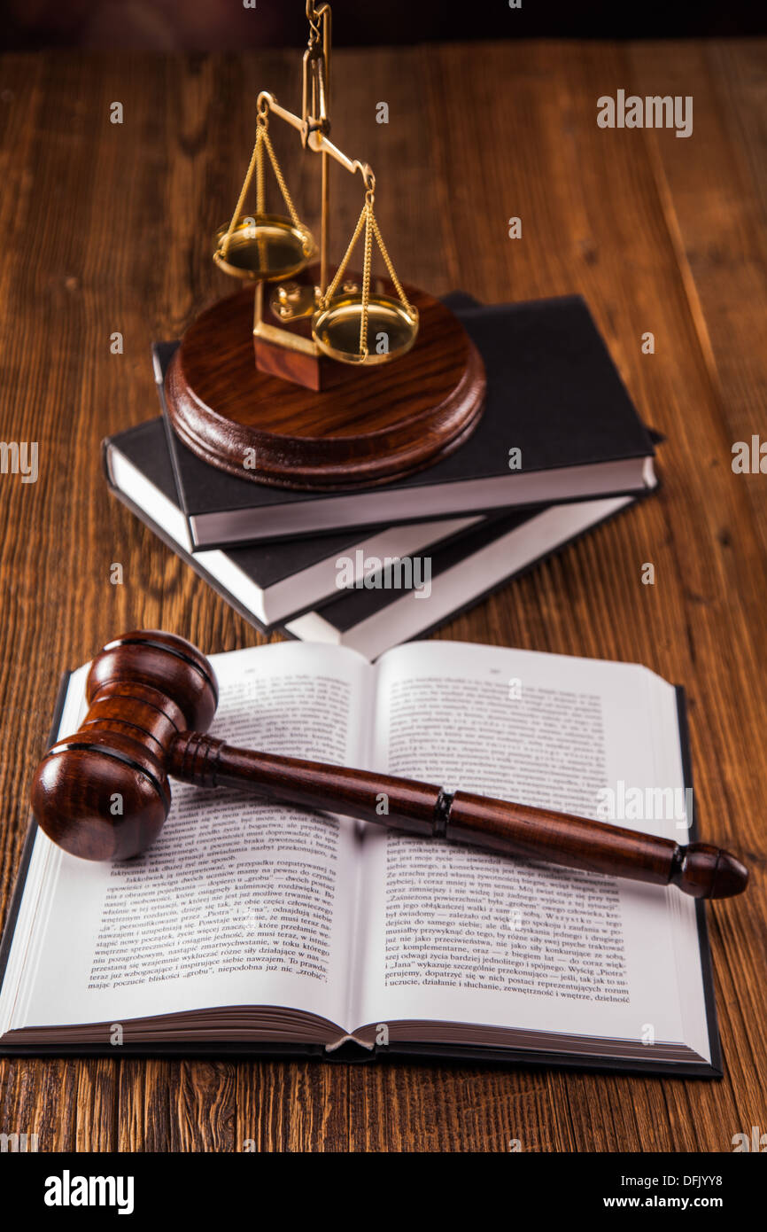 Mallet, legal code and scales of justice. Law concept, studio shots ...