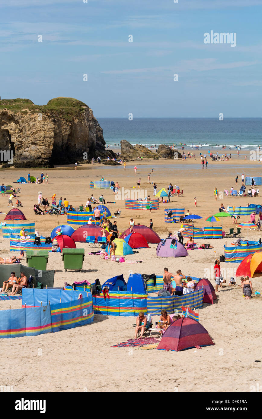 Perranporth beach busy with holidaymakers on a summers day in Cornwall ...
