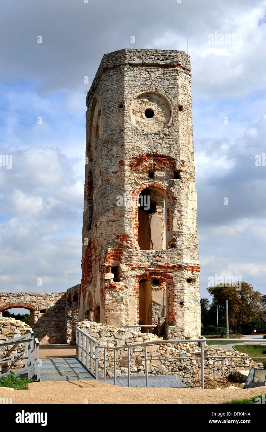 Old, ruined stone clock tower of Krzyztopor castle in Ujazd, Poland ...