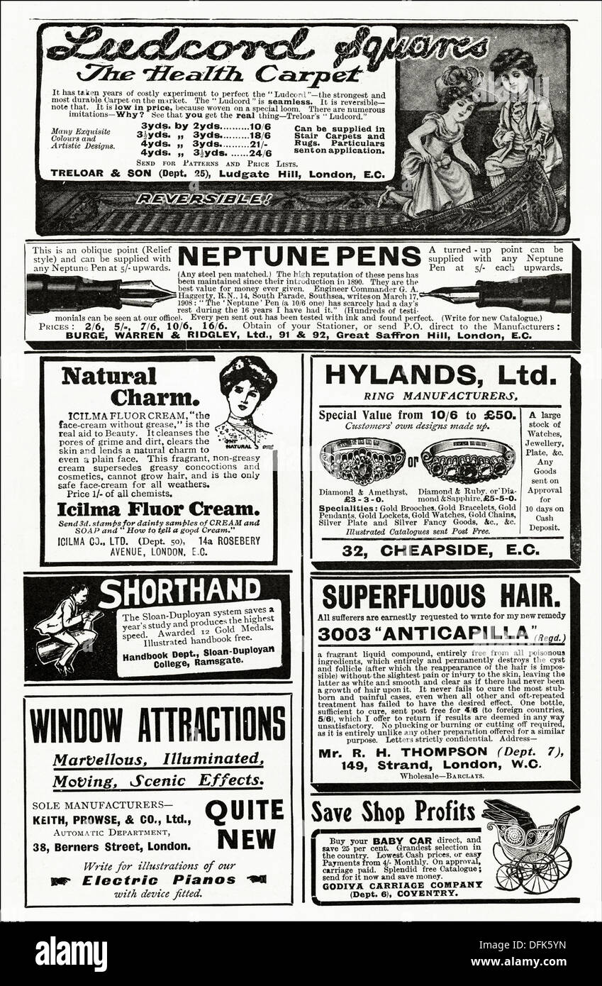 Page of adverts. Original 1900s advertisements advertising typical ...