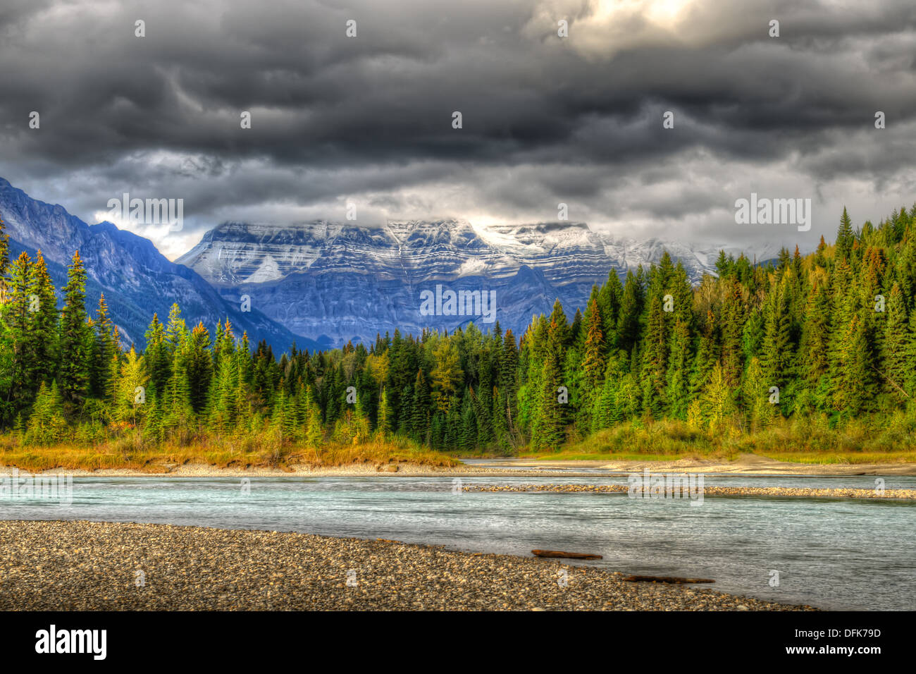 Waterfall and river views of the scenic Frasier River, Mount Robson ...