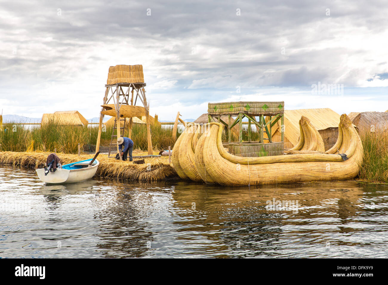 Traditional reed boat lake Titicaca Peru Puno Uros South America ...