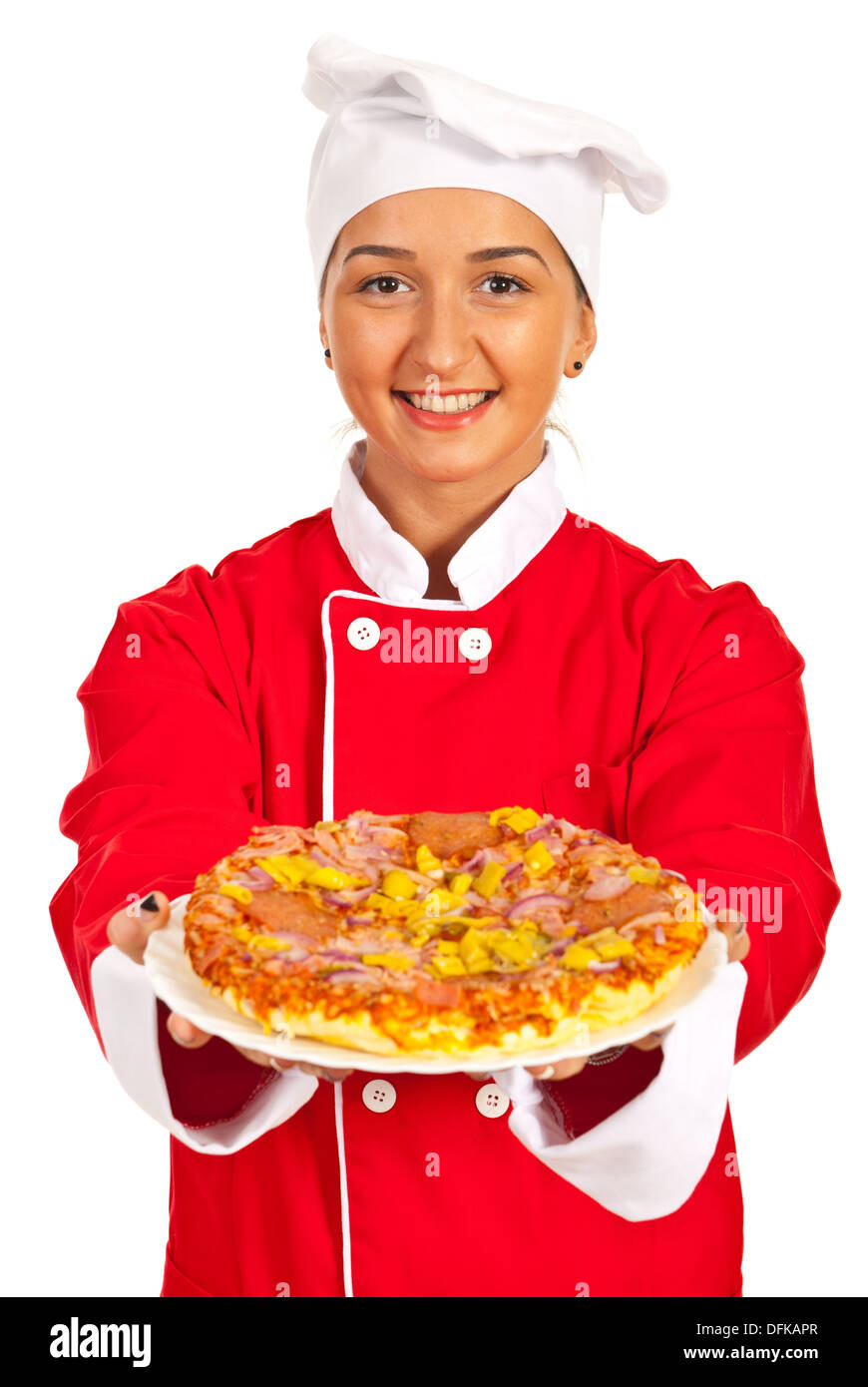 Chef woman giving pizza with ham isolated on white background Stock ...