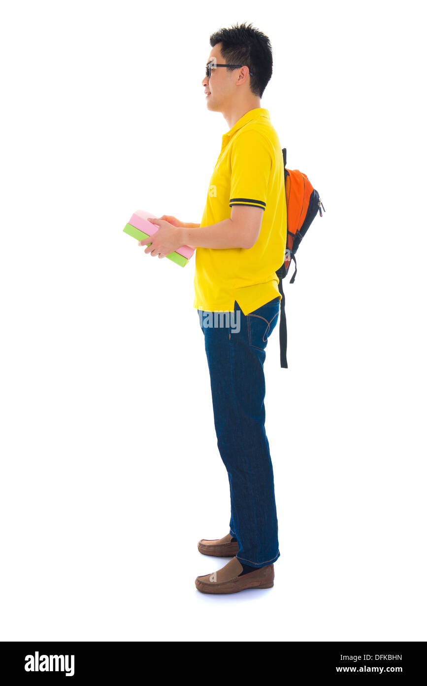 asian college student with bag isolated on white background side view ...
