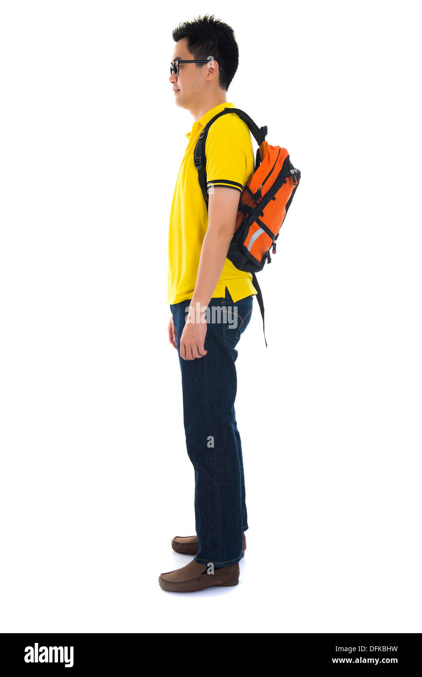 asian college student with bag isolated on white background side view ...