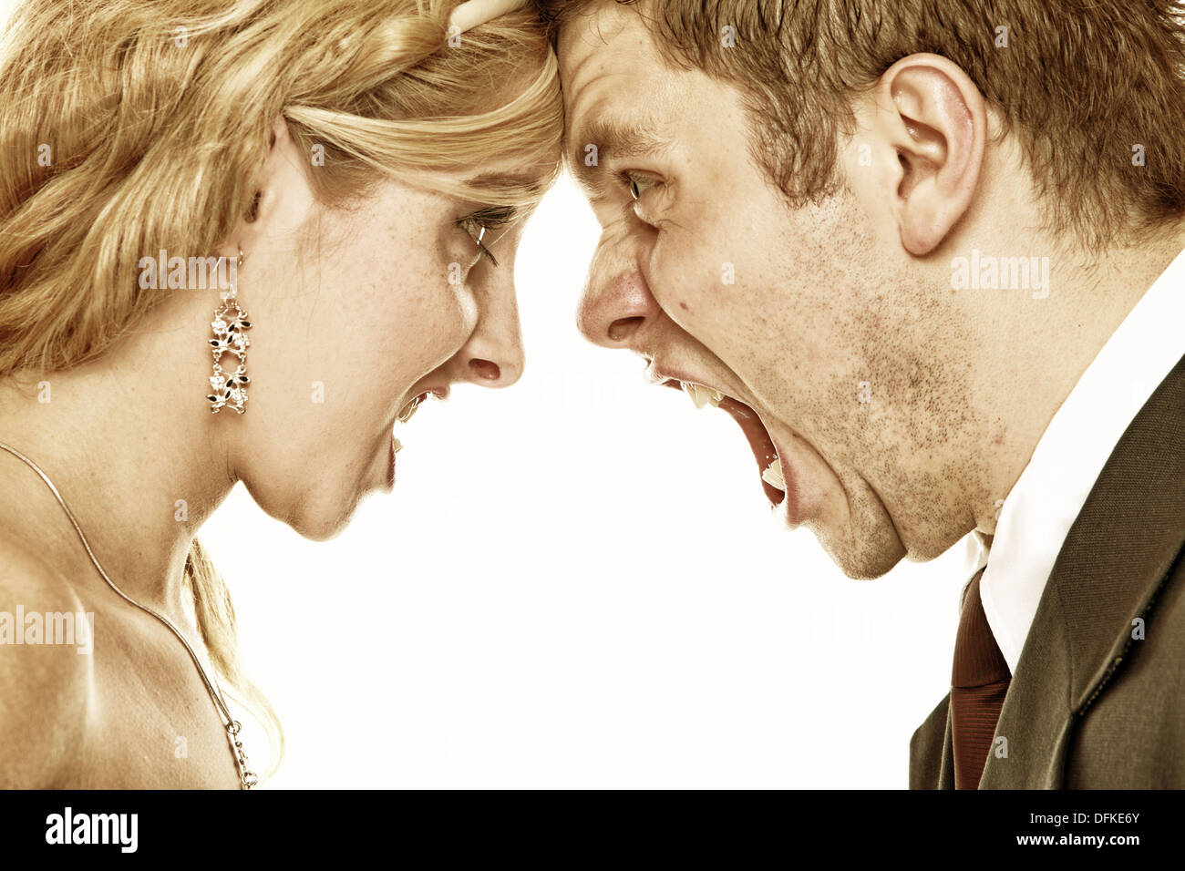 Wedding couple relationship difficulties. Angry woman man yelling at ...