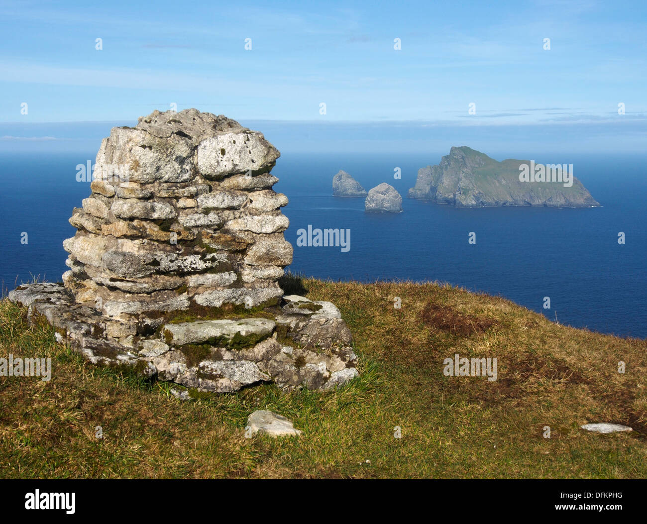 Trig point on summit of Conachair, Hirta, St Kilda, with Boreray and ...