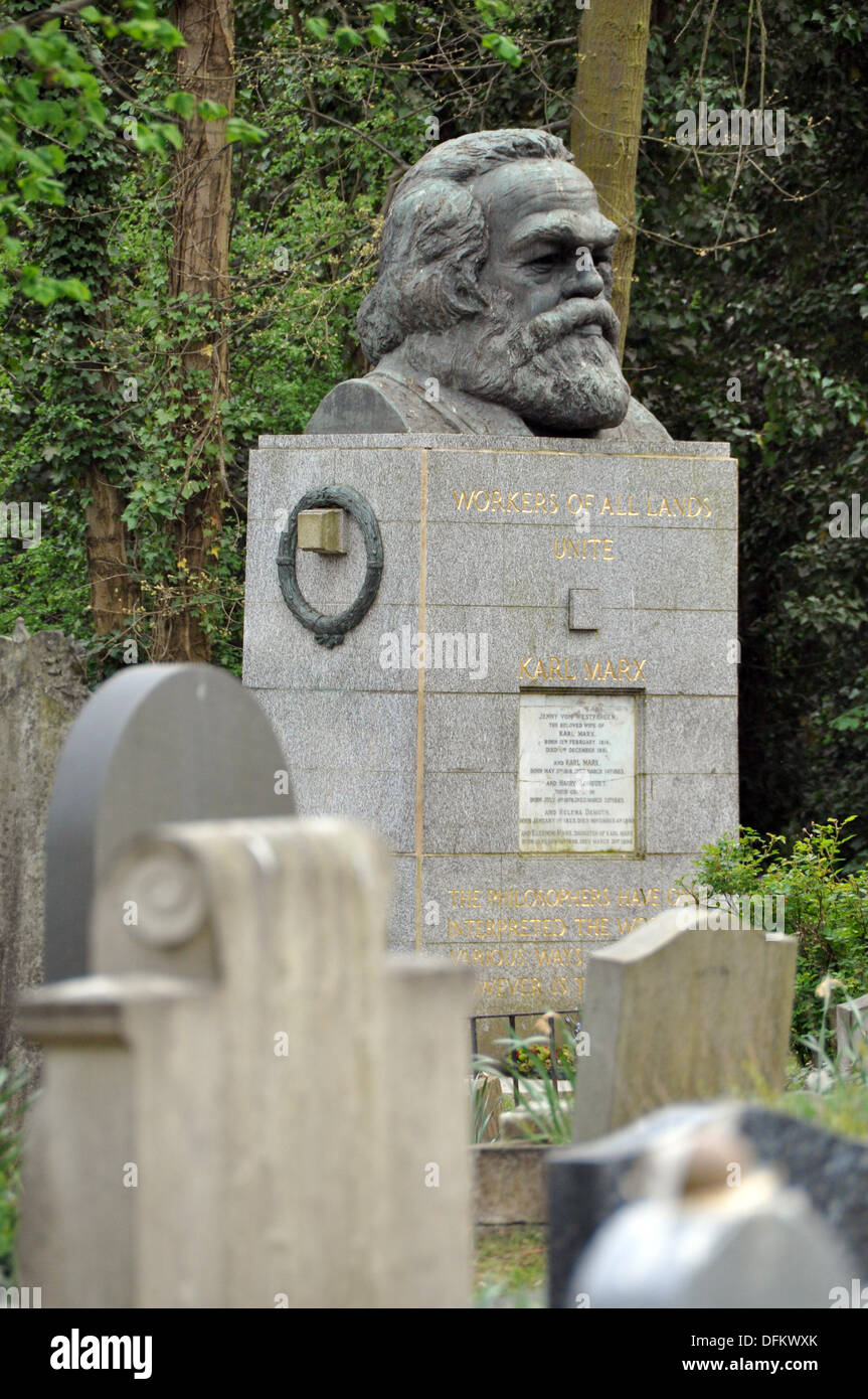 View of the burial place of Karl Marx at Highgate Cemetery in London ...