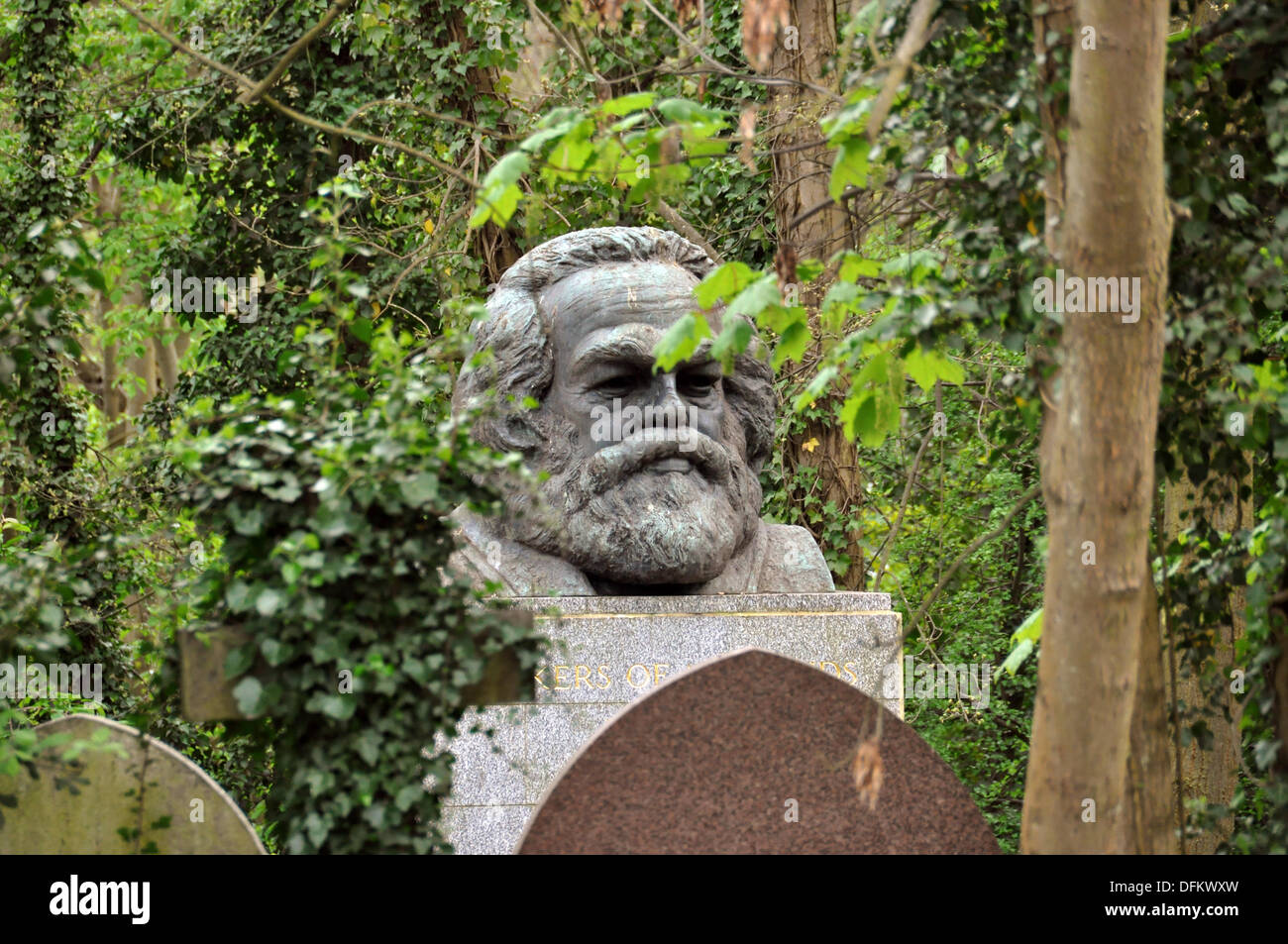 View of the burial place of Karl Marx at Highgate Cemetery in London ...