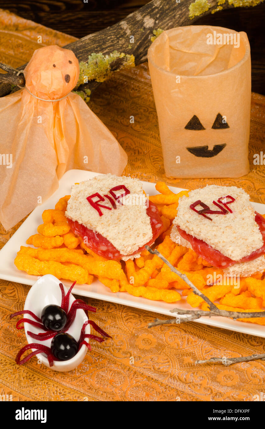 Scary tombstone sandwich, a funny kid Halloween snack Stock Photo - Alamy