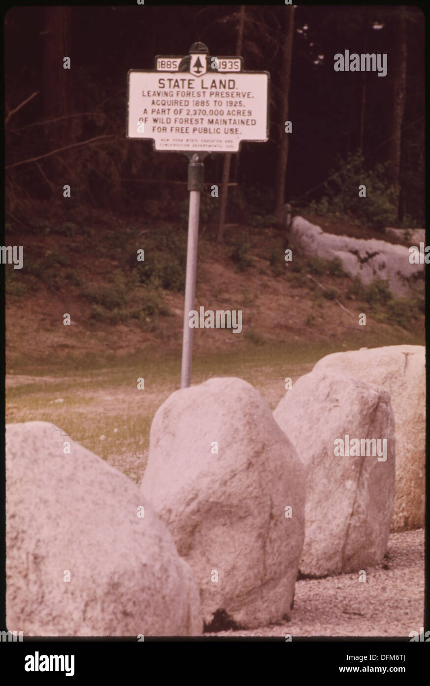 A New York State highway sign provides information about the Adirondack ...