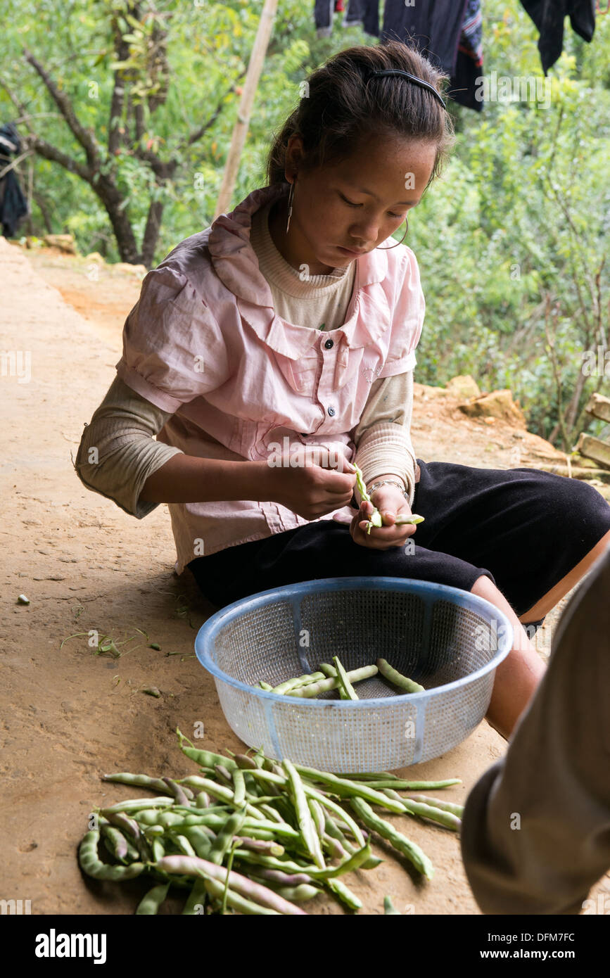 Minority group Black Hmong girl`s prepare the lunch for bean, Sa Pa ...
