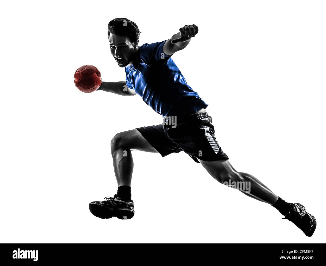 one young man exercising handball player in silhouette studio on white ...