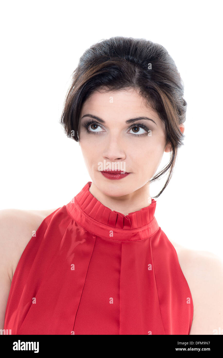 one beautiful smiling looking up woman portrait in studio isolated on ...