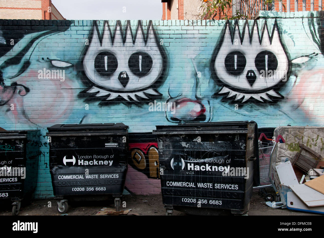 Hackney, London 2013. Graffiti and rubbish bins Stock Photo - Alamy