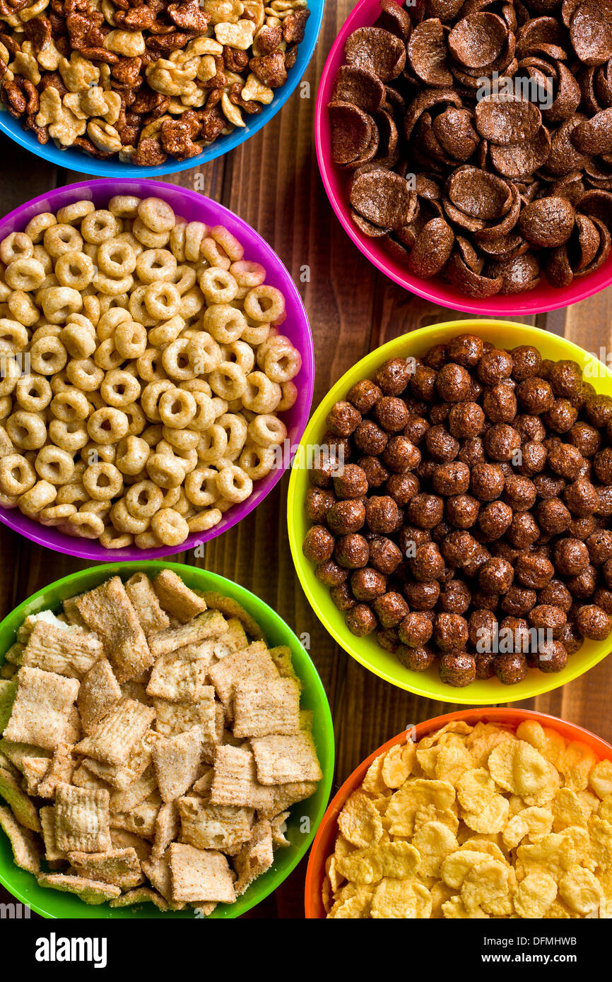 top view of various kids cereals in plastic bowls Stock Photo - Alamy