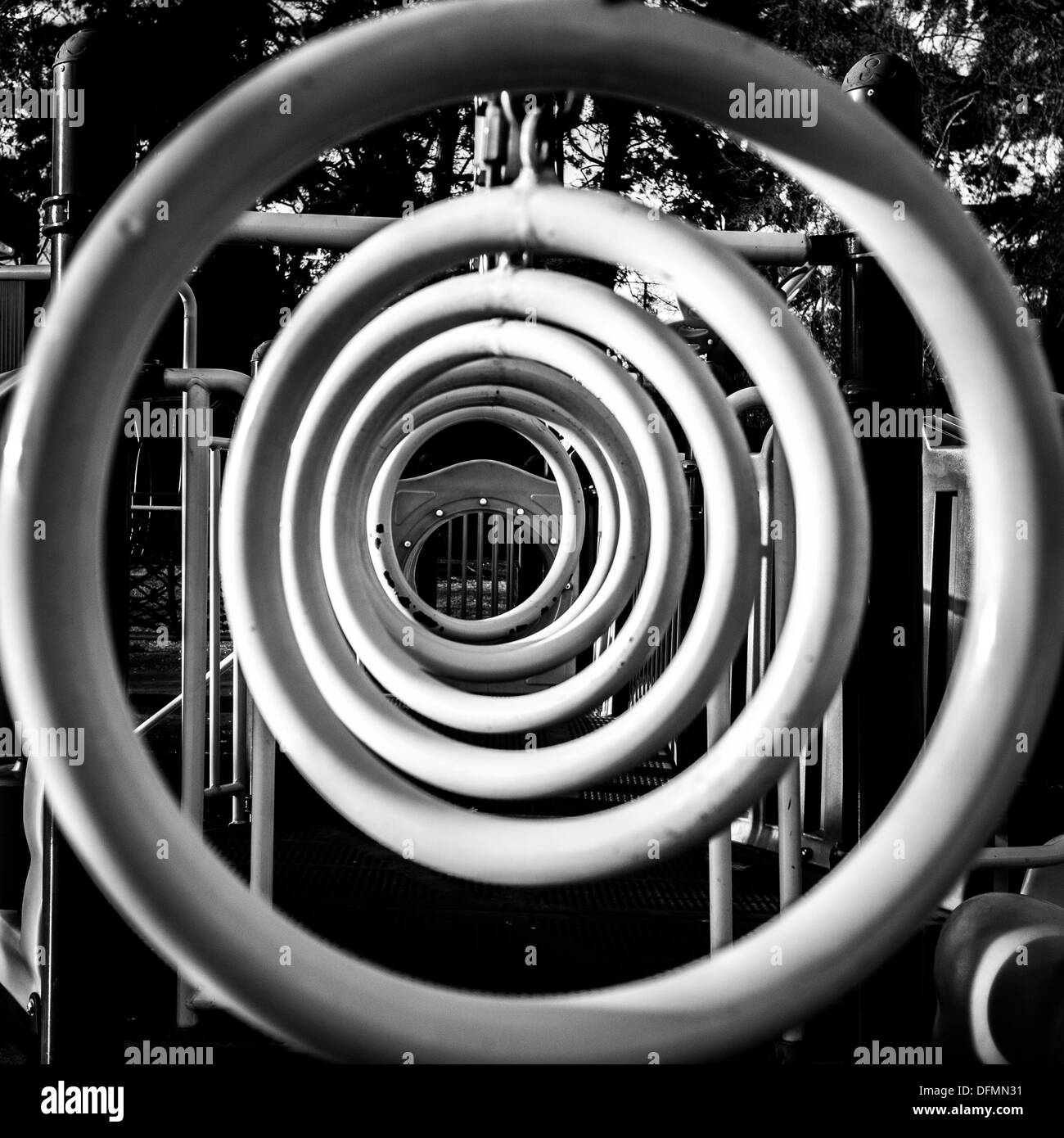 A row of monkey bar hanging rings at a children's playground Stock ...