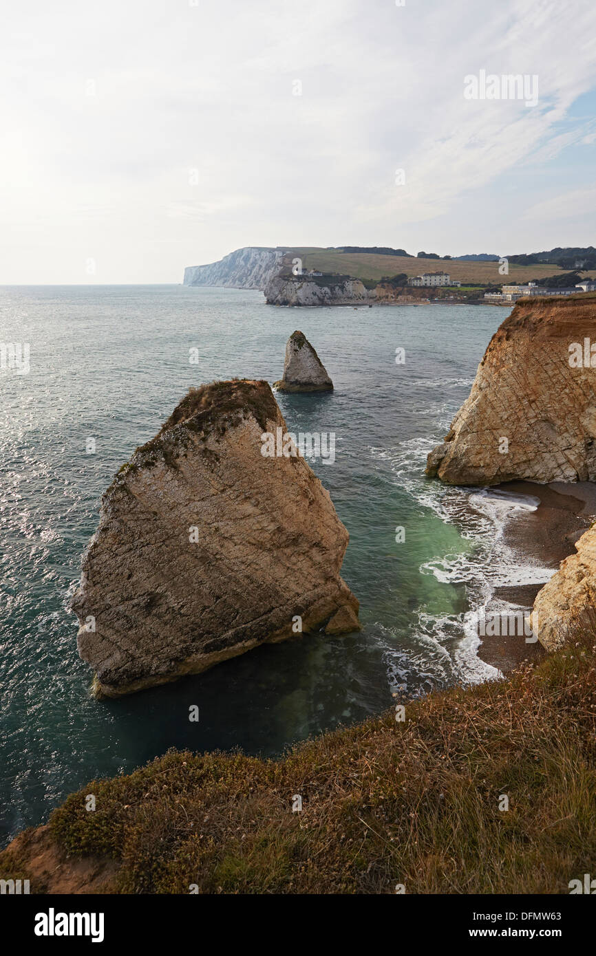 Isle of Wight Freshwater Bay cliffs and sea stacks towards Tennyson ...