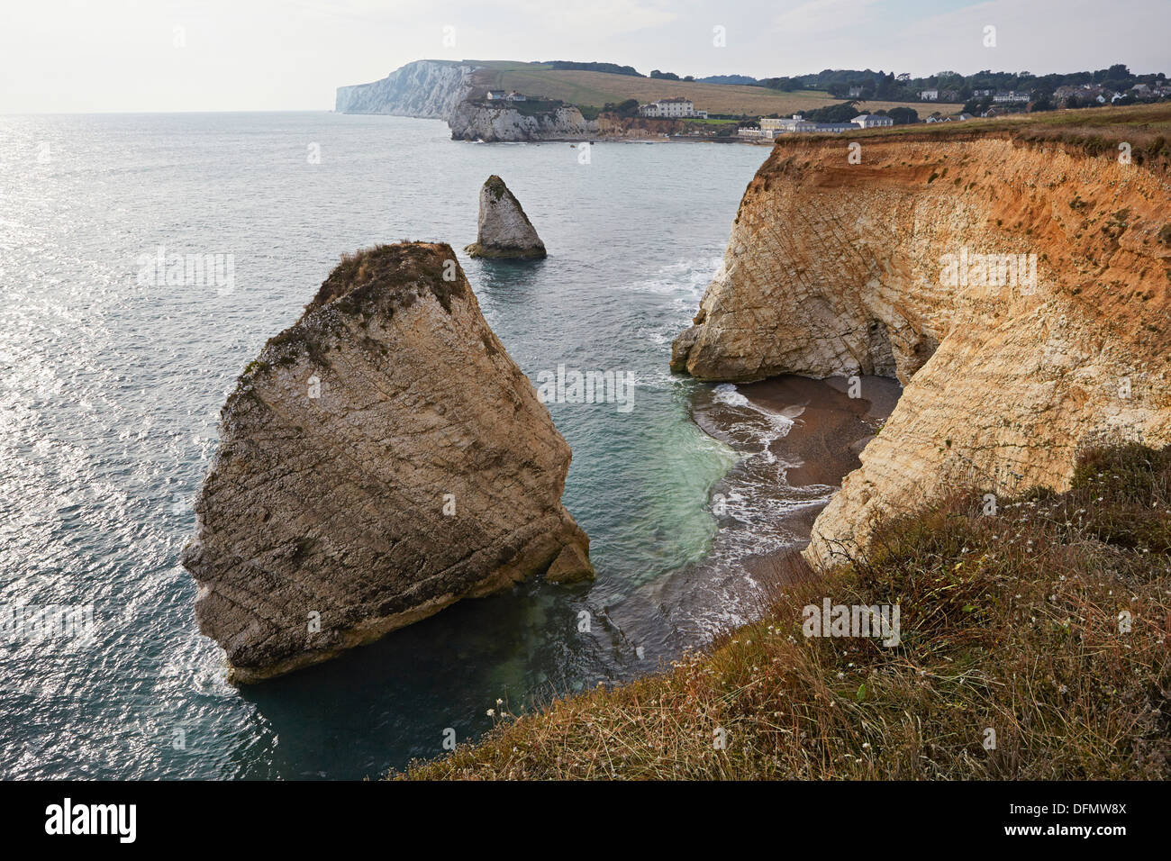 Isle of Wight Freshwater Bay cliffs and sea stacks towards Tennyson ...