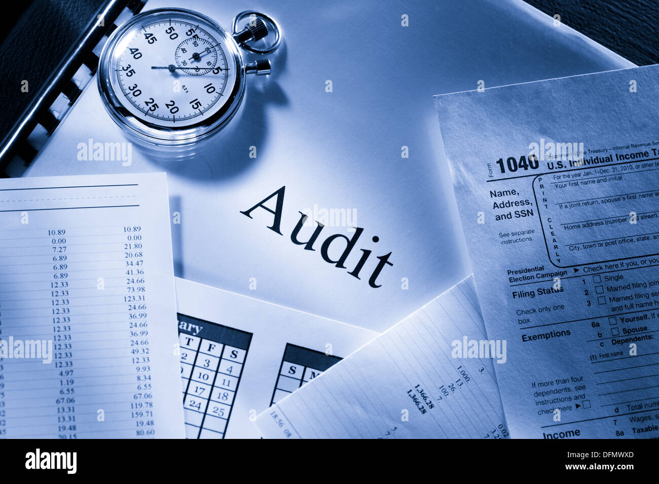 Operating budget, calendar, stopwatch and audit Stock Photo - Alamy