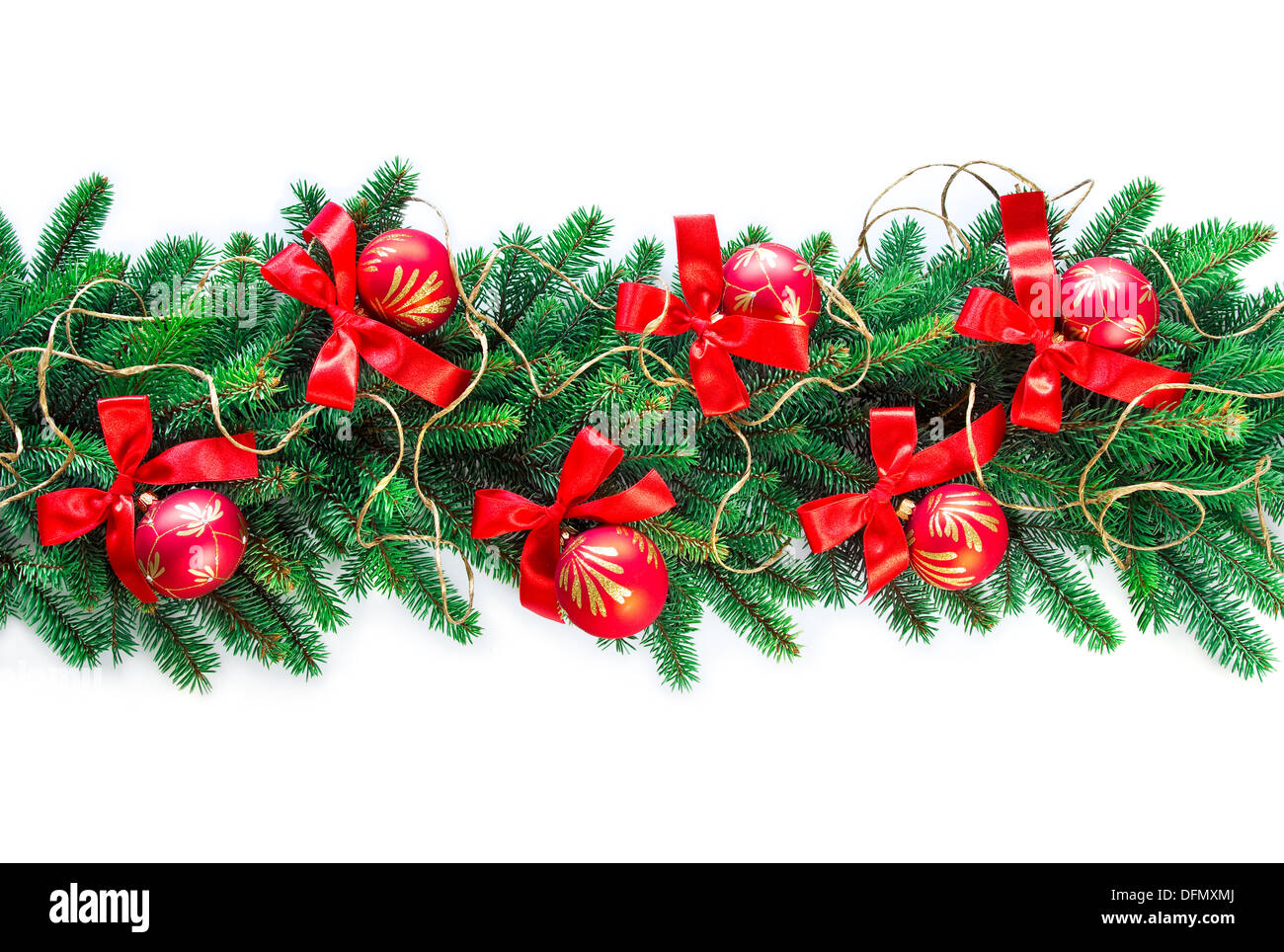 christmas garland, red balls and bows decoration, isolated on white ...