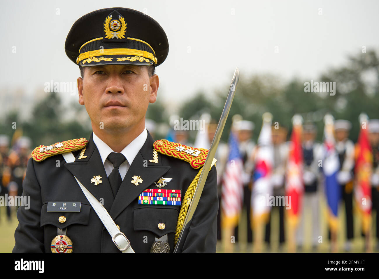Republic of Korea Honor Guard members stand at ease during a welcome ...