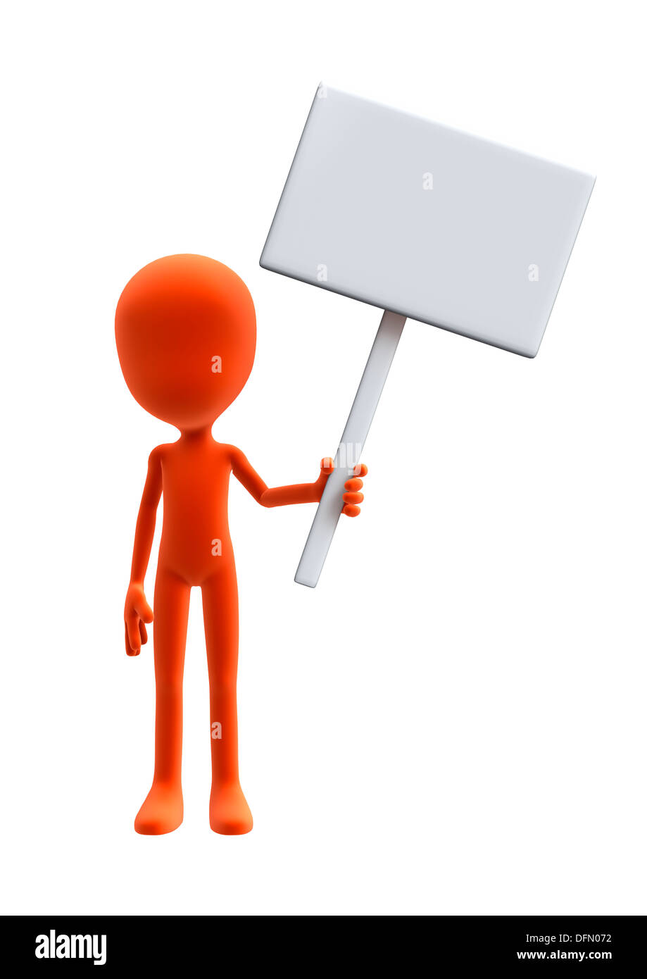3D digital render of an orange little guy holding a blank sign isolated ...