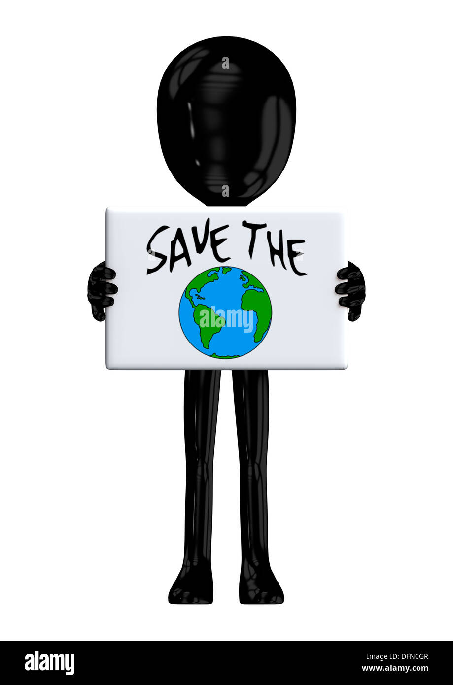3D digital render of a black little guy holding a sign Save the Earth ...