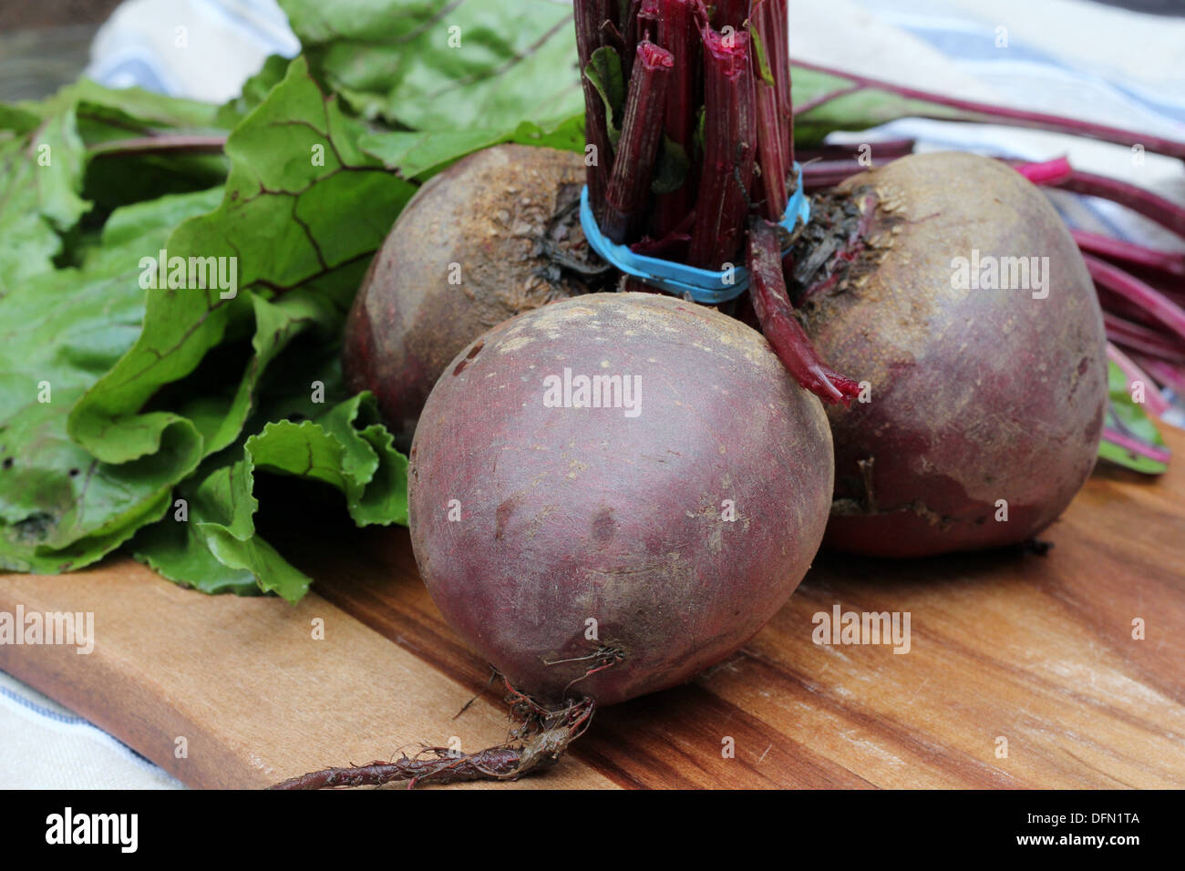 Bunch of fresh organic beetroot and leaves on wooden chopping board ...
