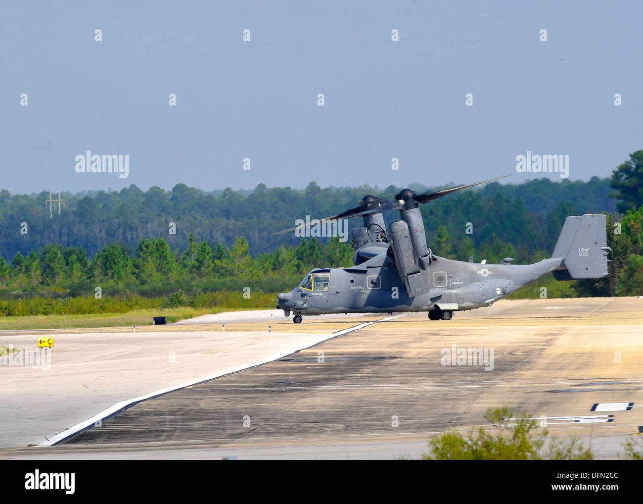 A U.S. Air Force CV-22 Osprey taxies on the flightline at Hurlburt ...