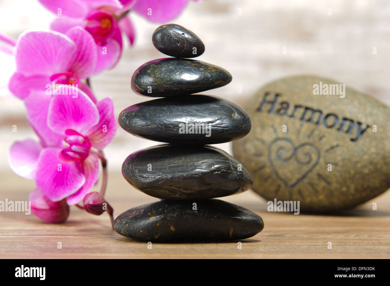 Japan ZEN garden with stacked stones and orchid flower Stock Photo - Alamy